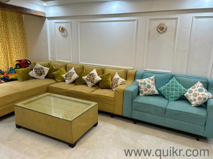 8 seater L-shape linen mustard and sky blue color royal sofa in good ...