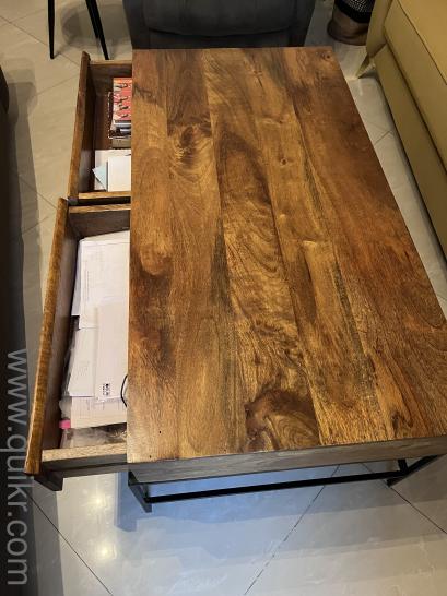 Center table made of Sheesham wood with iron base and attached drawers ...