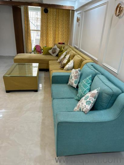 8 seater L-shape linen mustard and sky blue color royal sofa in good ...